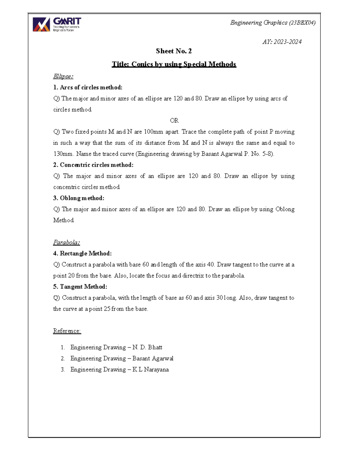 Engineering Graphics 23BEX04: Assignment on Conic Sections Methods ...