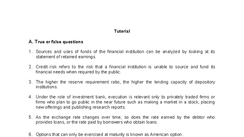 Tutorial Questions for Week 10: Financial Institutions Analysis - Studocu