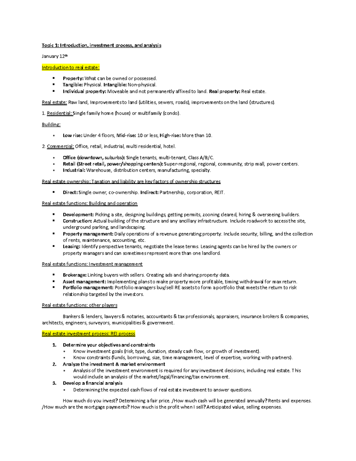 Real Estate 101: Intro to Investment Process & Analysis (RE 101) - Studocu