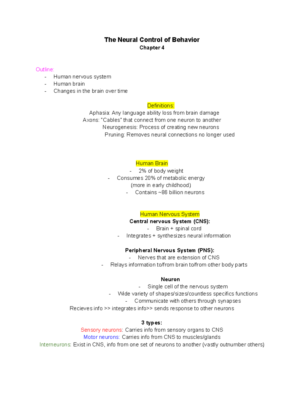 Psych 141 - Neural Control of Behavior: Chapter 4 Summary - Studocu