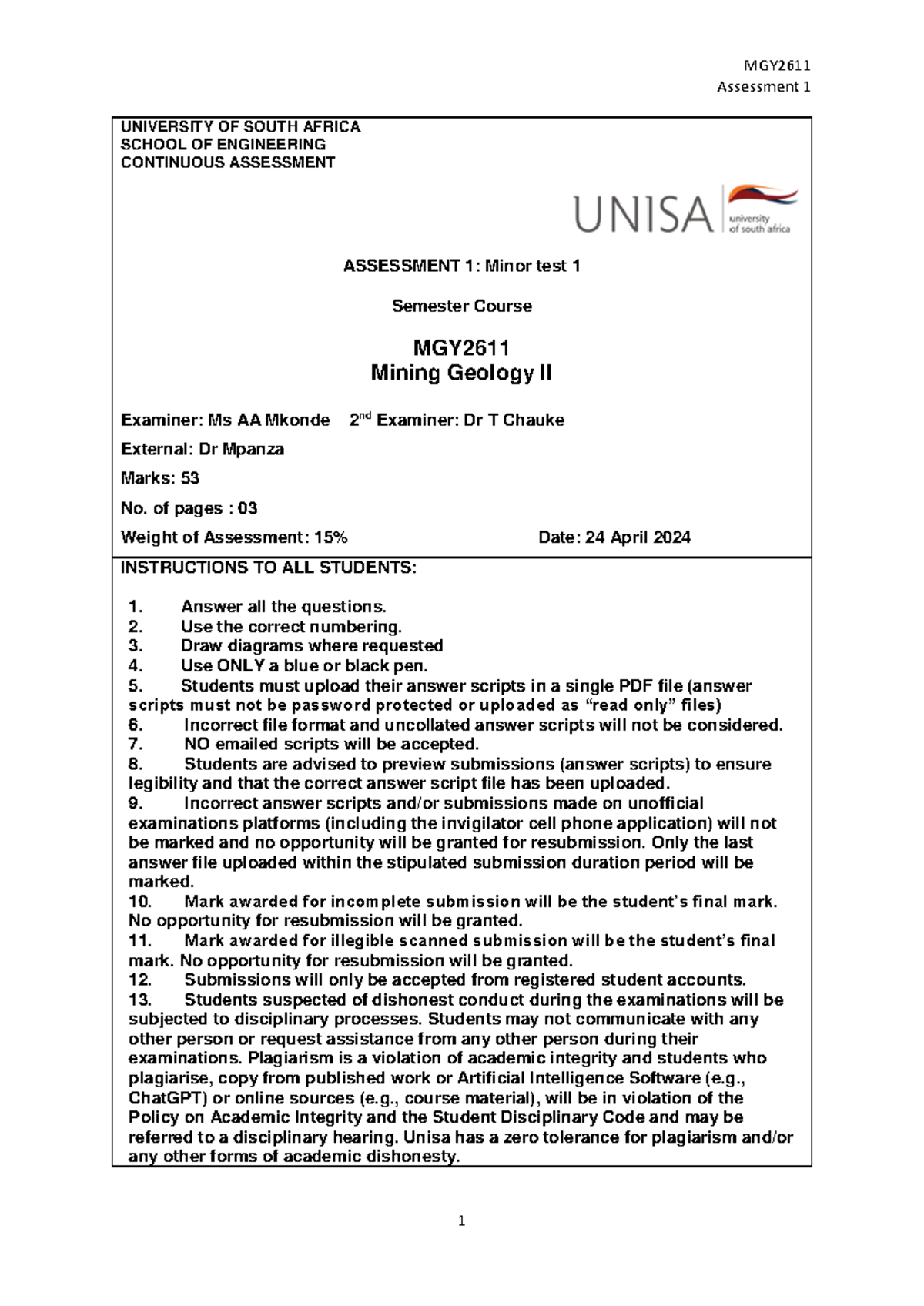 MGY2611 Assessment 1: Minor Test Guidelines and Instructions - Studocu