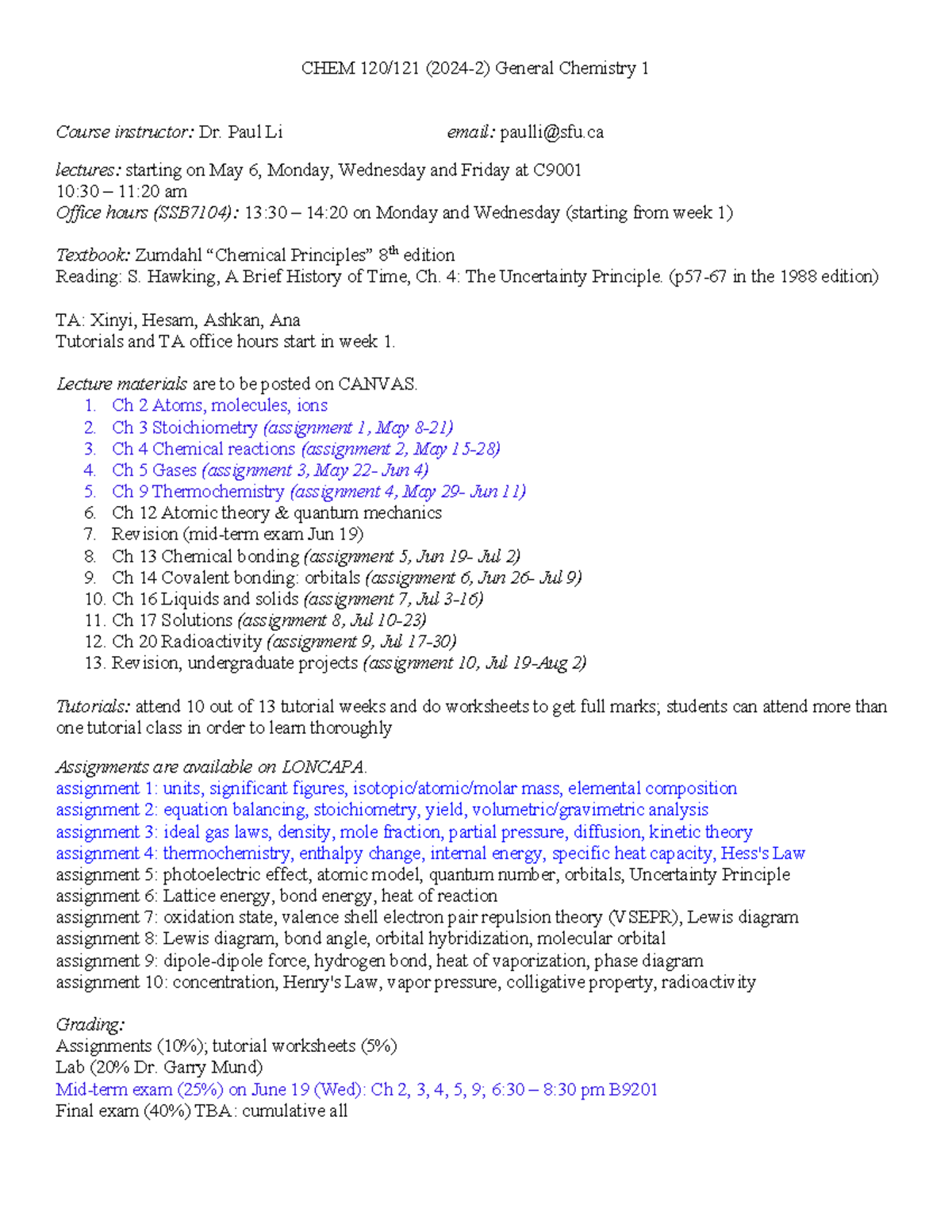 CHEM 120/121 (2024-2) General Chemistry 1 Course Outline and Schedule ...