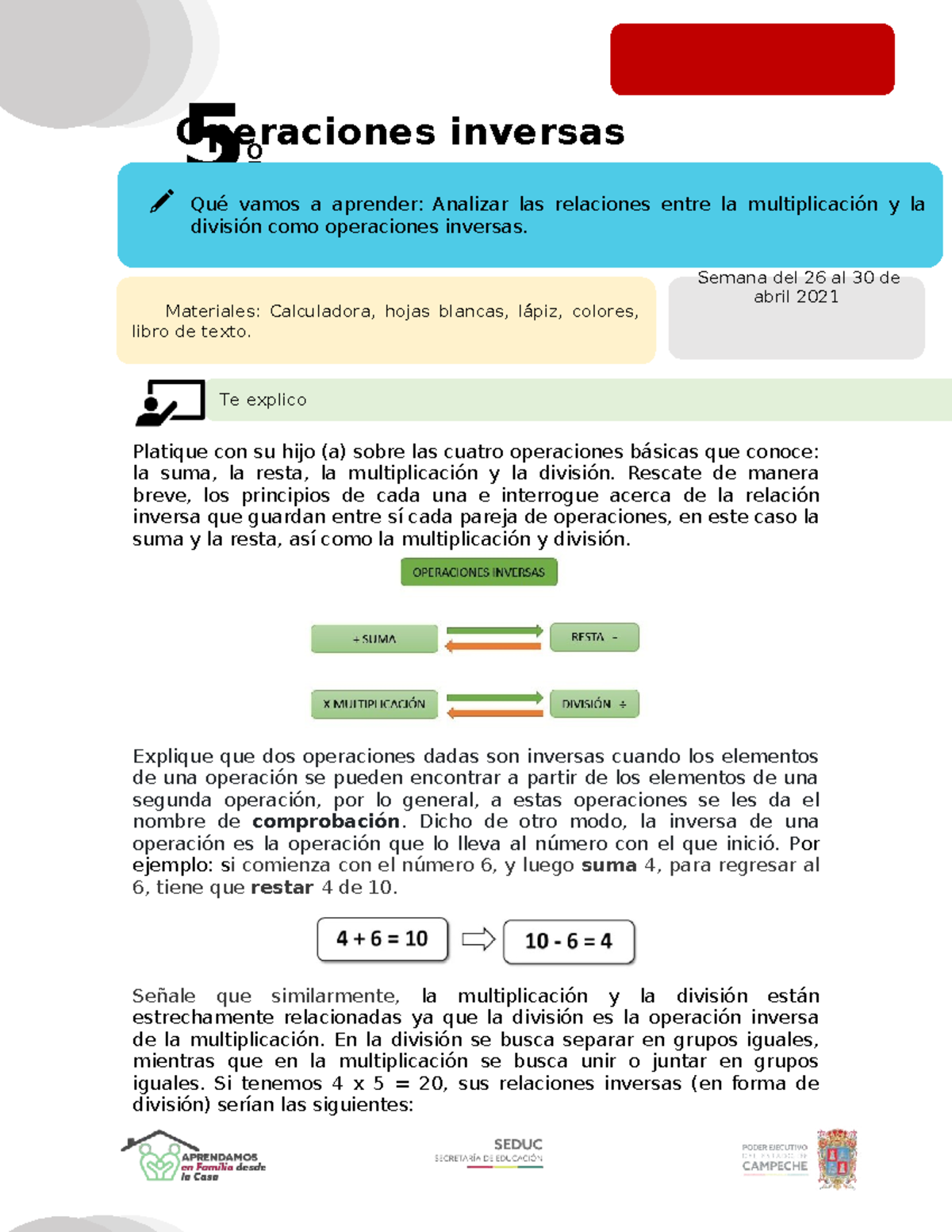 Matemáticas 5º Primaria: Operaciones Inversas y su Relación - Studocu