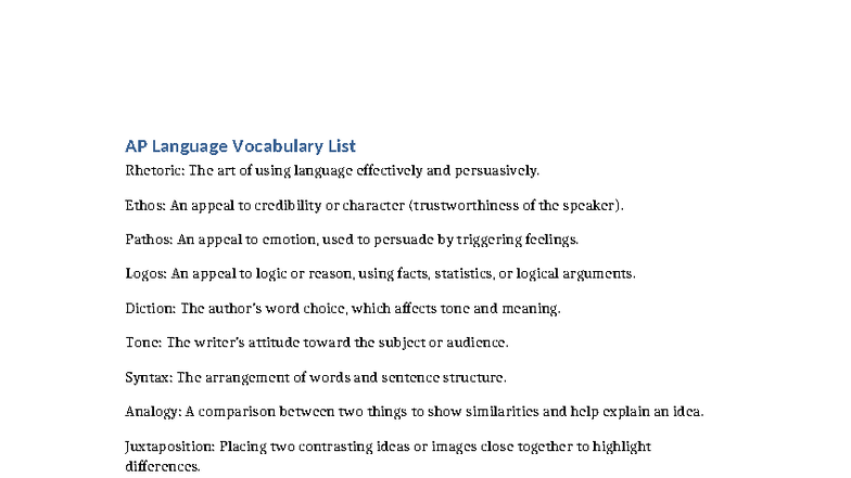 AP Lang Vocabulary List: Key Rhetorical Terms Explained - Studocu