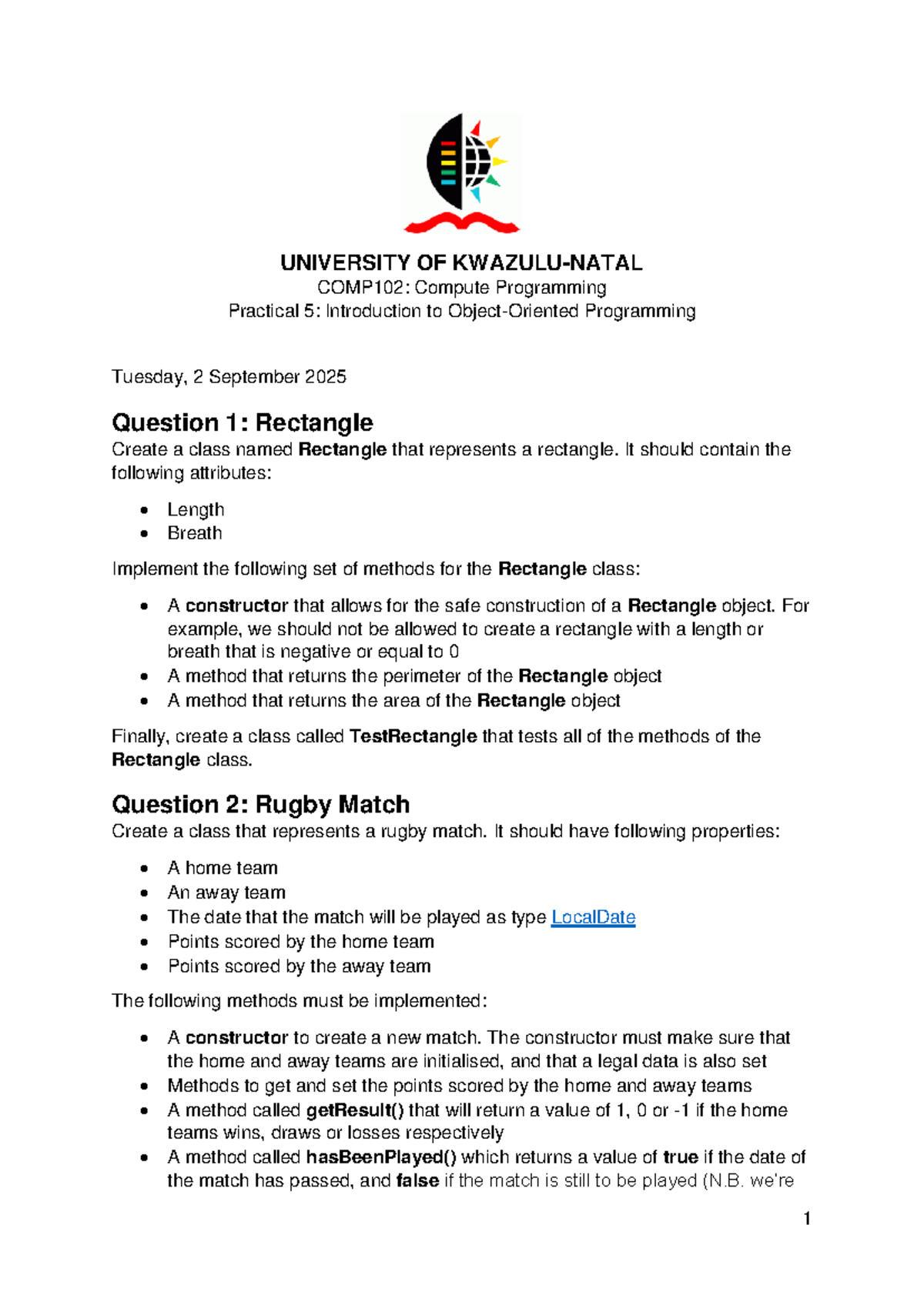 UNIVERSITY OF COMP102: Practical 5 - Intro to OOP Concepts - Studocu