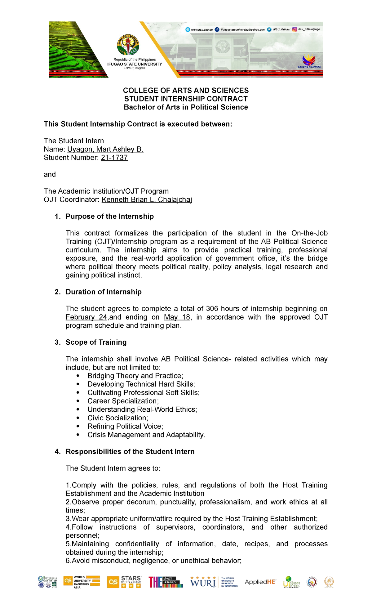 BA Political Science Internship Contract Template - Studocu