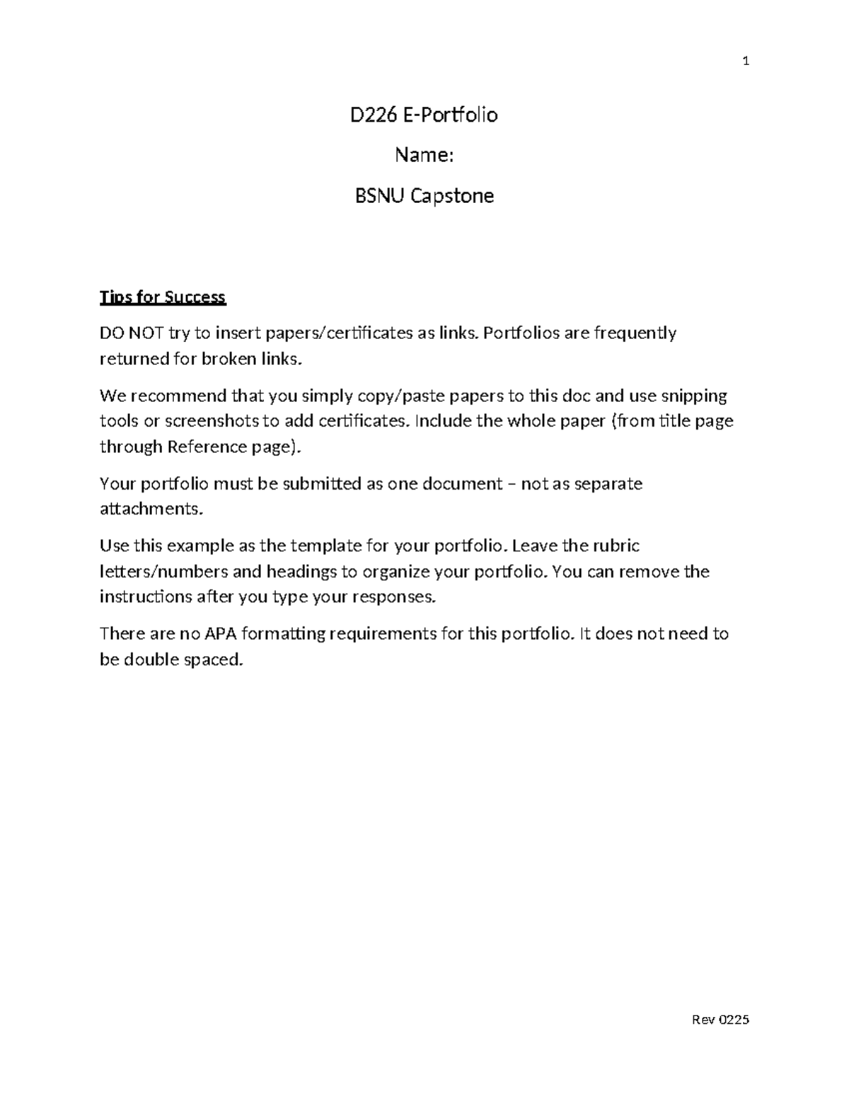 D226 Capstone Portfolio Example: Tips for Success in Nursing - Studocu