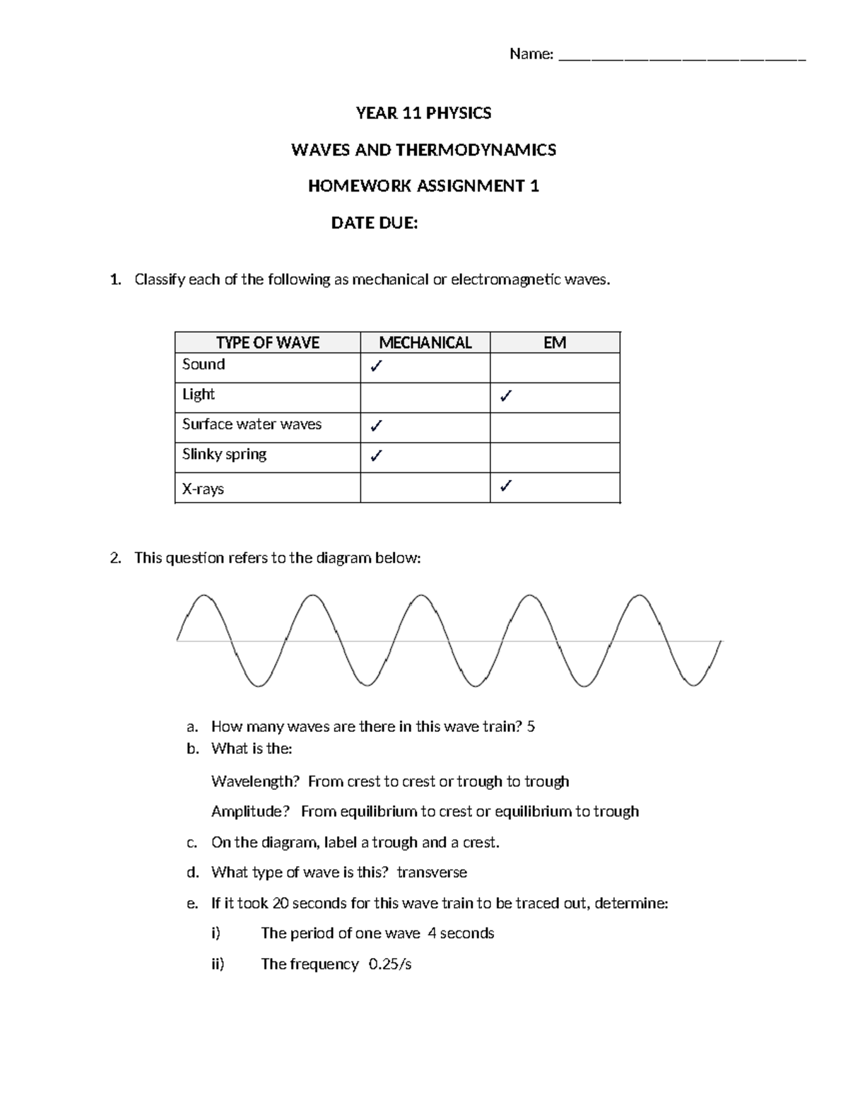 YEAR 11 PHYSICS: HW Assignment 1 on Waves & Thermodynamics - Studocu
