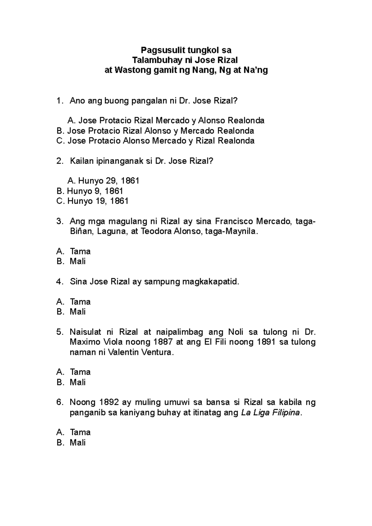 Pagsusulit sa Filipino - Noli Me Tangere - Pagsusulit tungkol sa ...