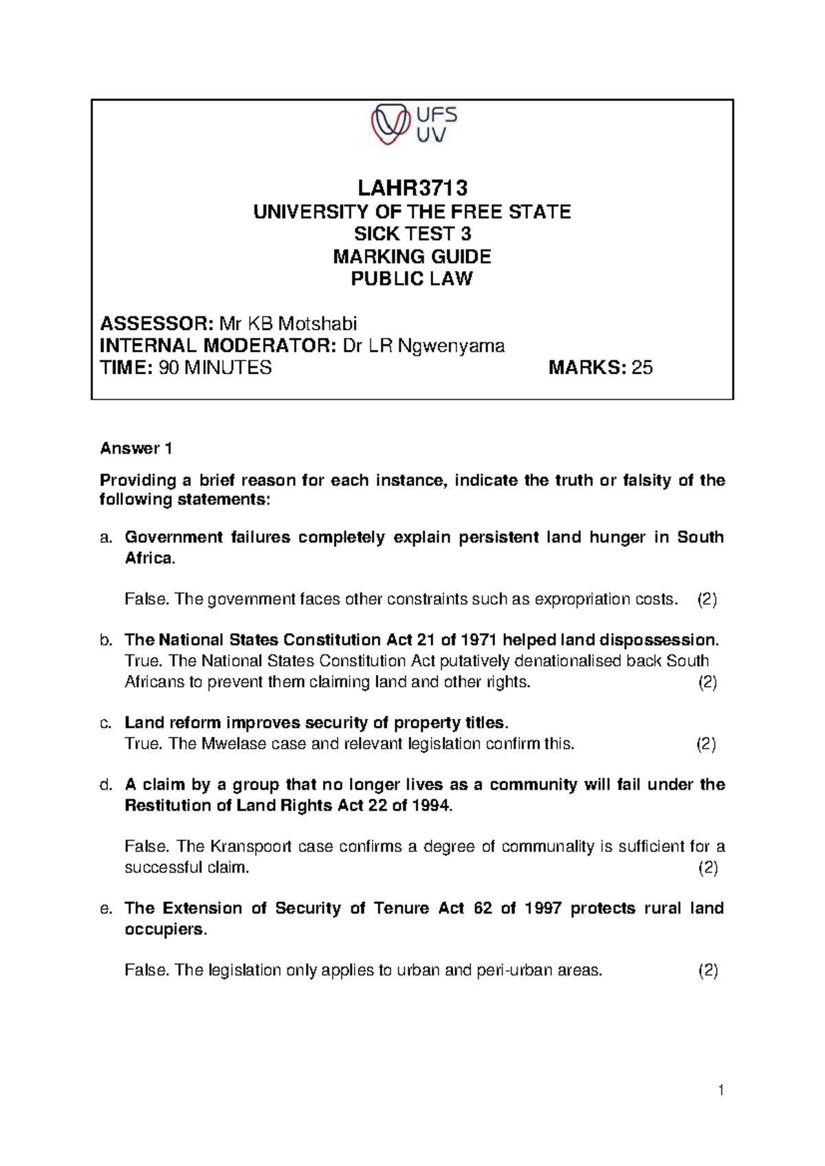 LAHR3713 UFS Sick Test 3 Marking Guide on Public Law Concepts - Studocu