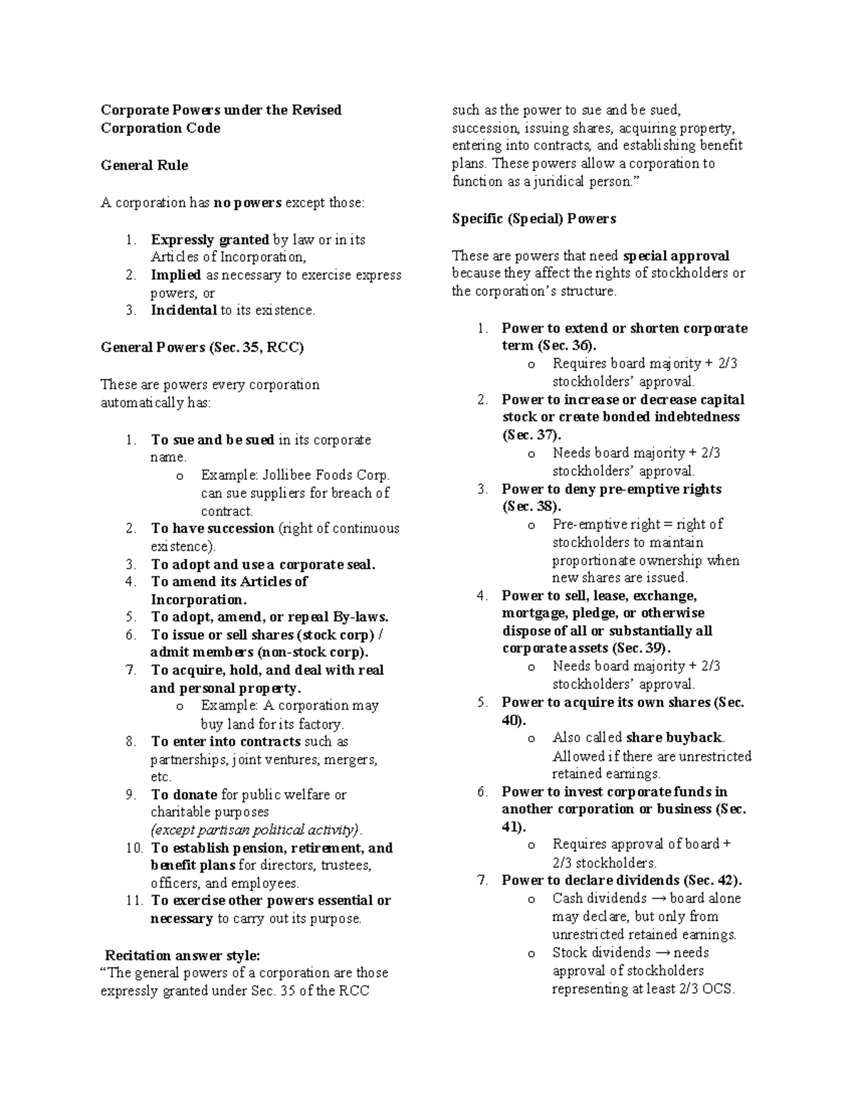 Corporate Powers Overview under RCC: General & Specific Powers - Studocu