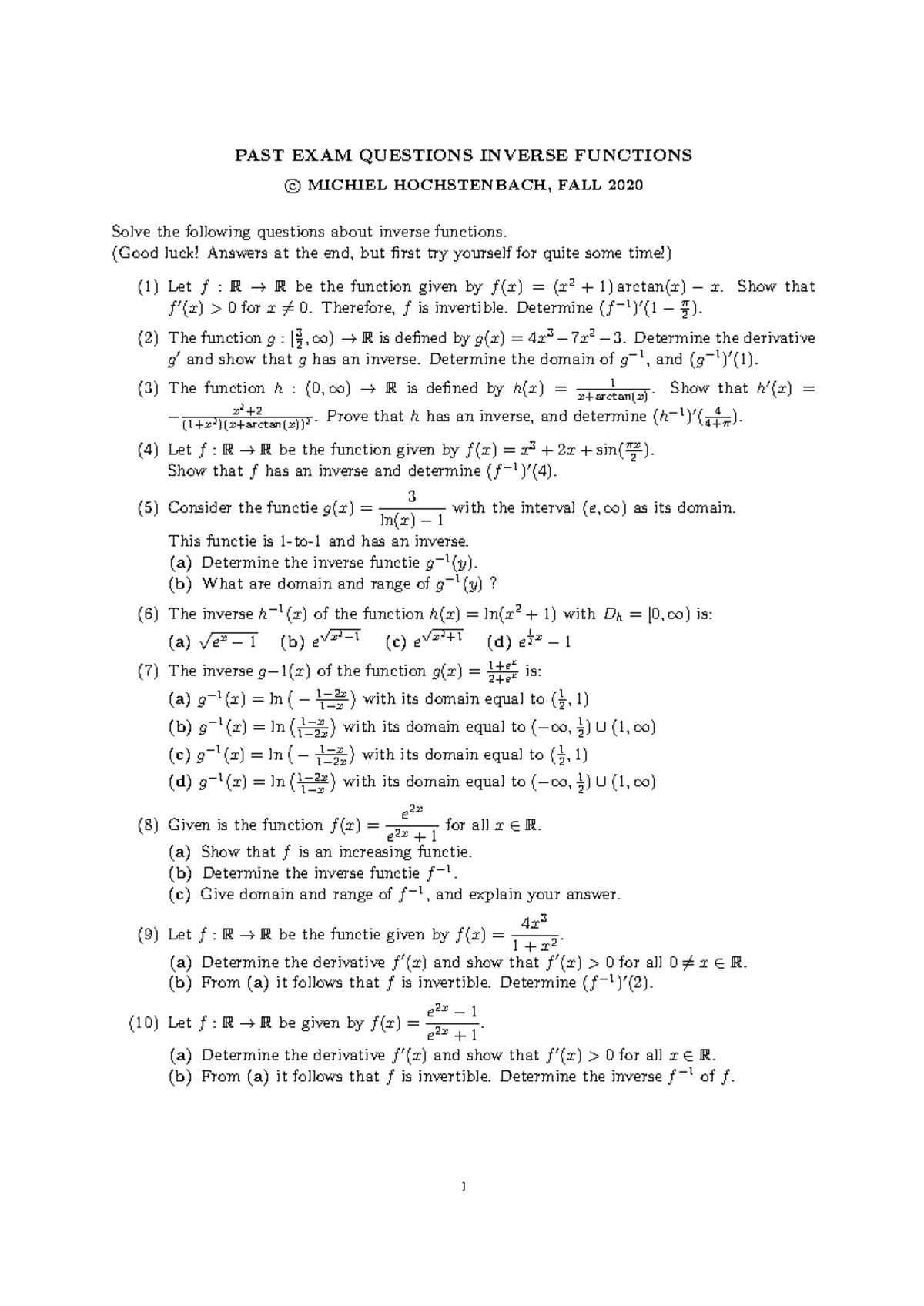 Past exam questions inverse functions - PAST EXAM QUESTIONS INVERSE ...