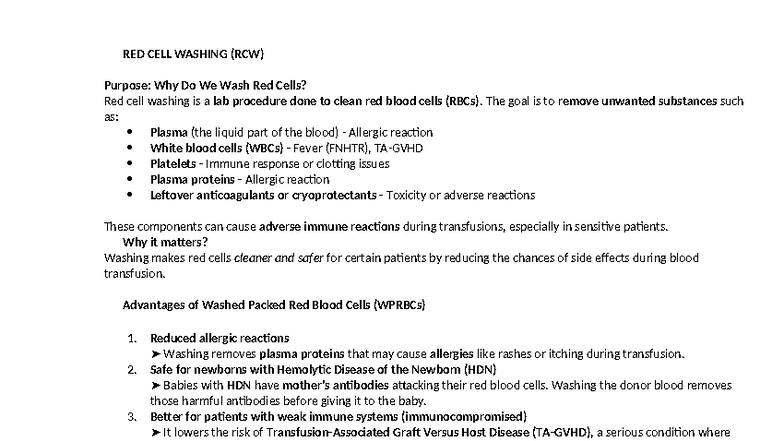 ISBB 101: Summary of Red Cell Washing Procedures and Benefits - Studocu