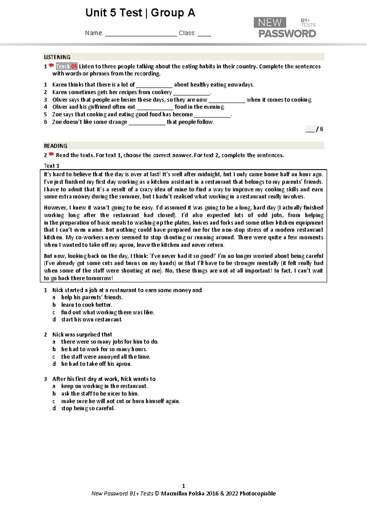 Unit 5A Listening & Reading Test - New Password B1+ Group A - Studocu