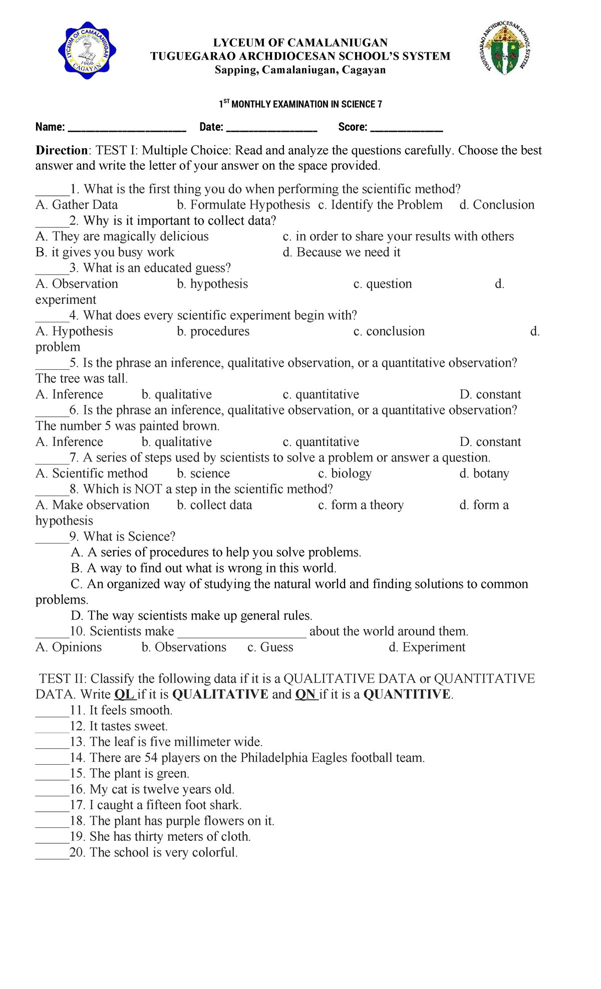 Monthly Exam Paper for Science 7 - 1st Exam Review - Studocu