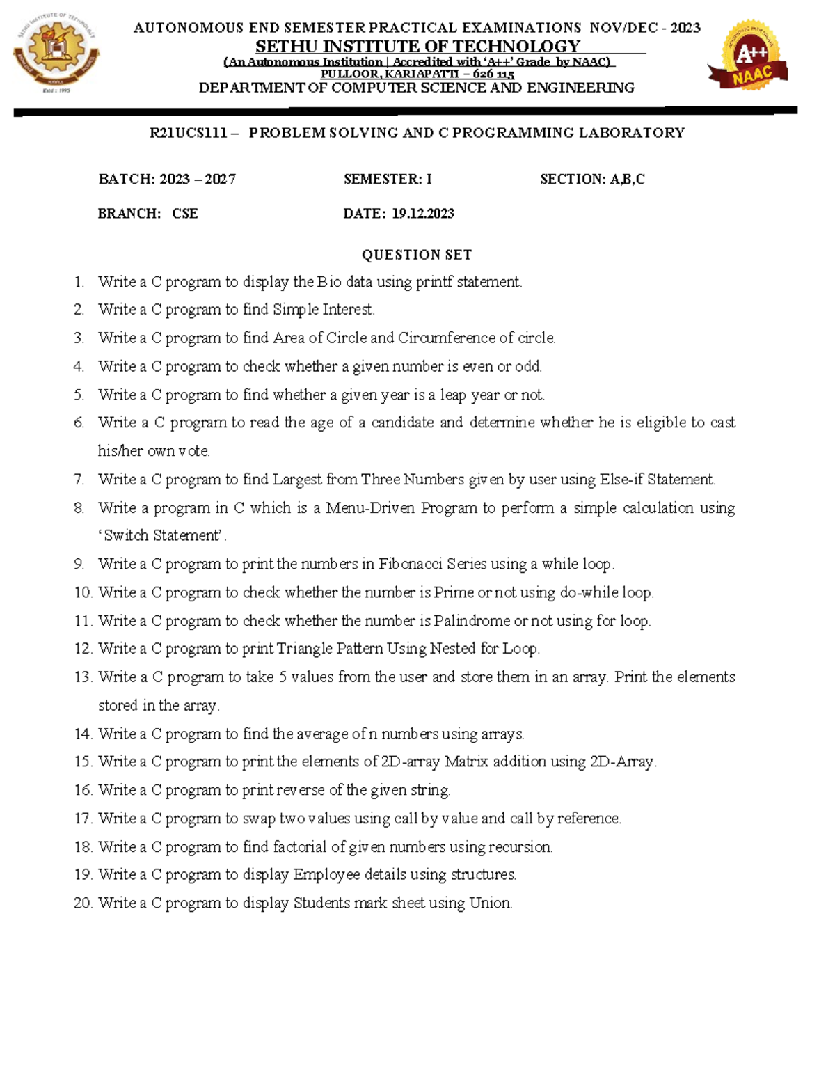 End Sem Lab Question Set - AUTONOMOUS END SEMESTER PRACTICAL ...