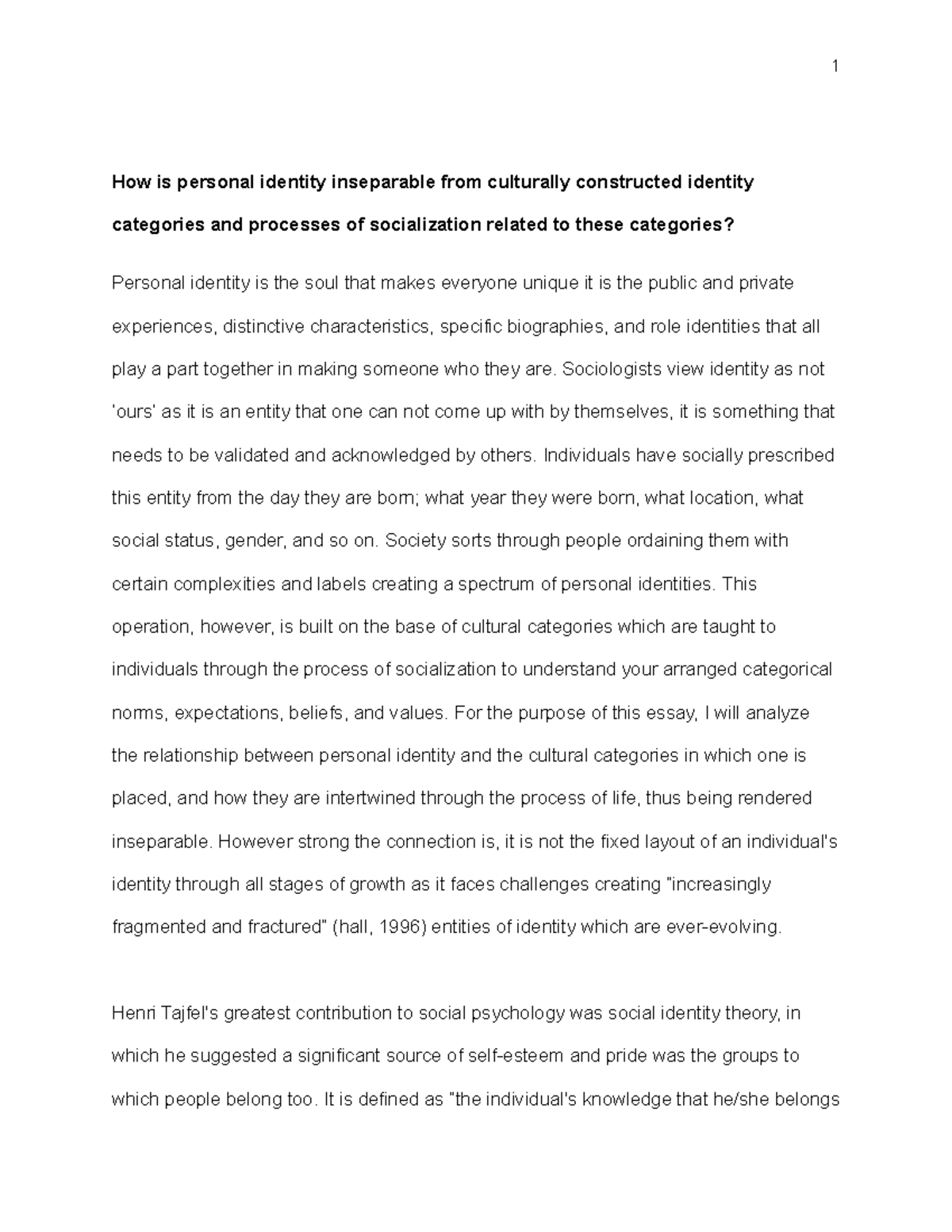 Sociology Essay - The Interconnection of Personal & Cultural Identity ...