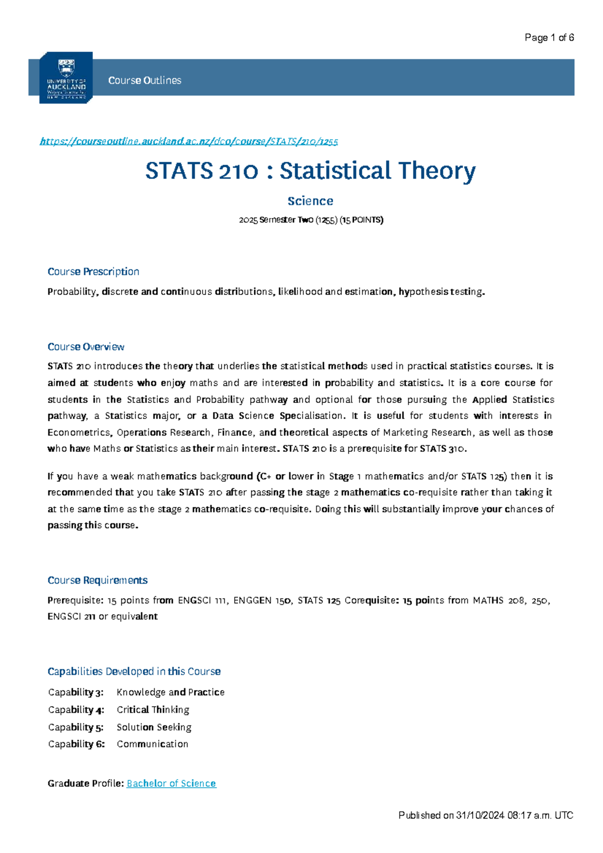 Stats 210: Statistical Theory Course Outline - 2025 Semester Two - Studocu