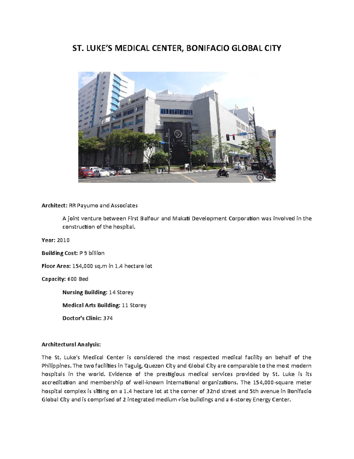 Architectural Analysis of St. Luke's Medical Center, BGC - 2010 - Studocu