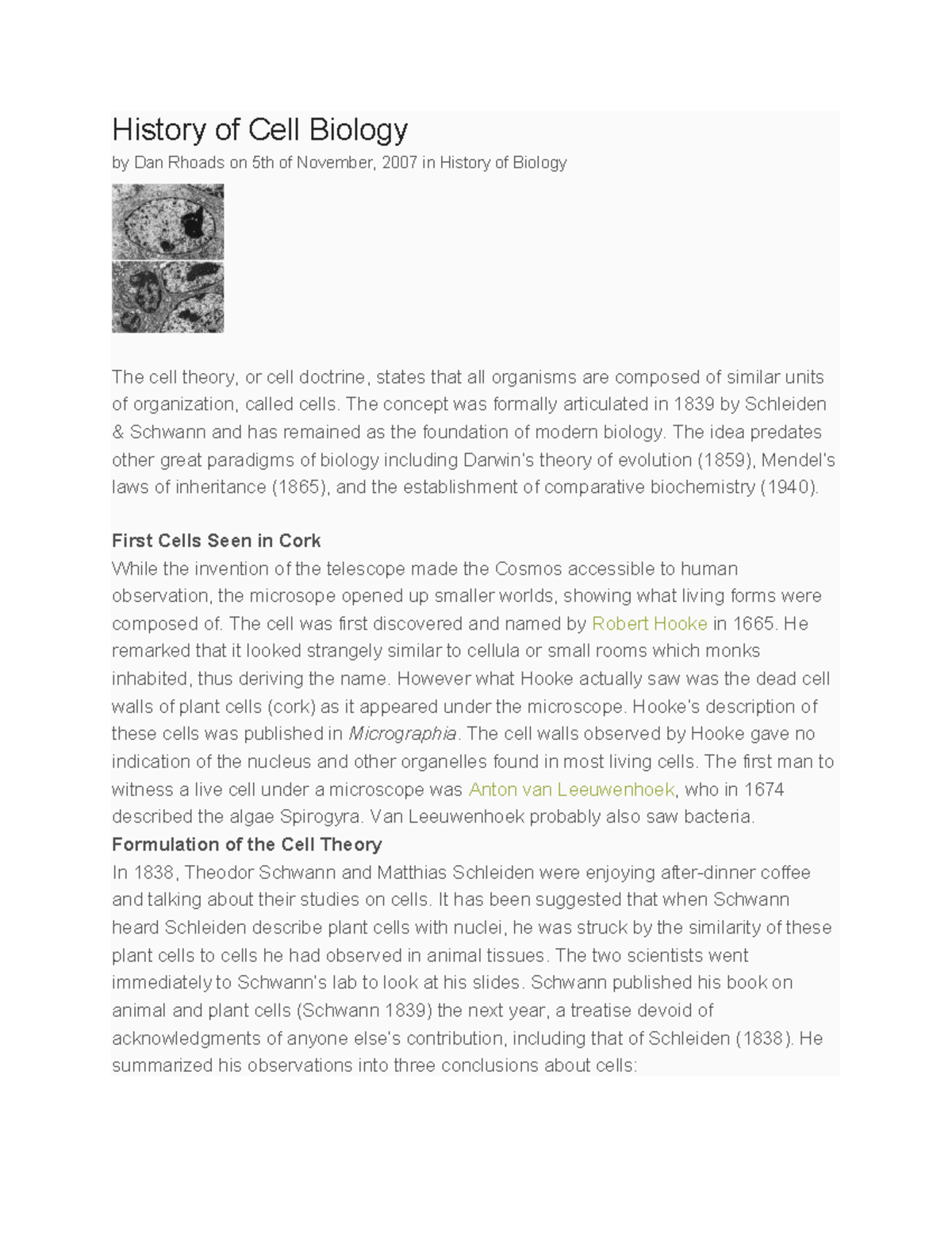 History of Cell Biology: Key Developments and Discoveries - Studocu