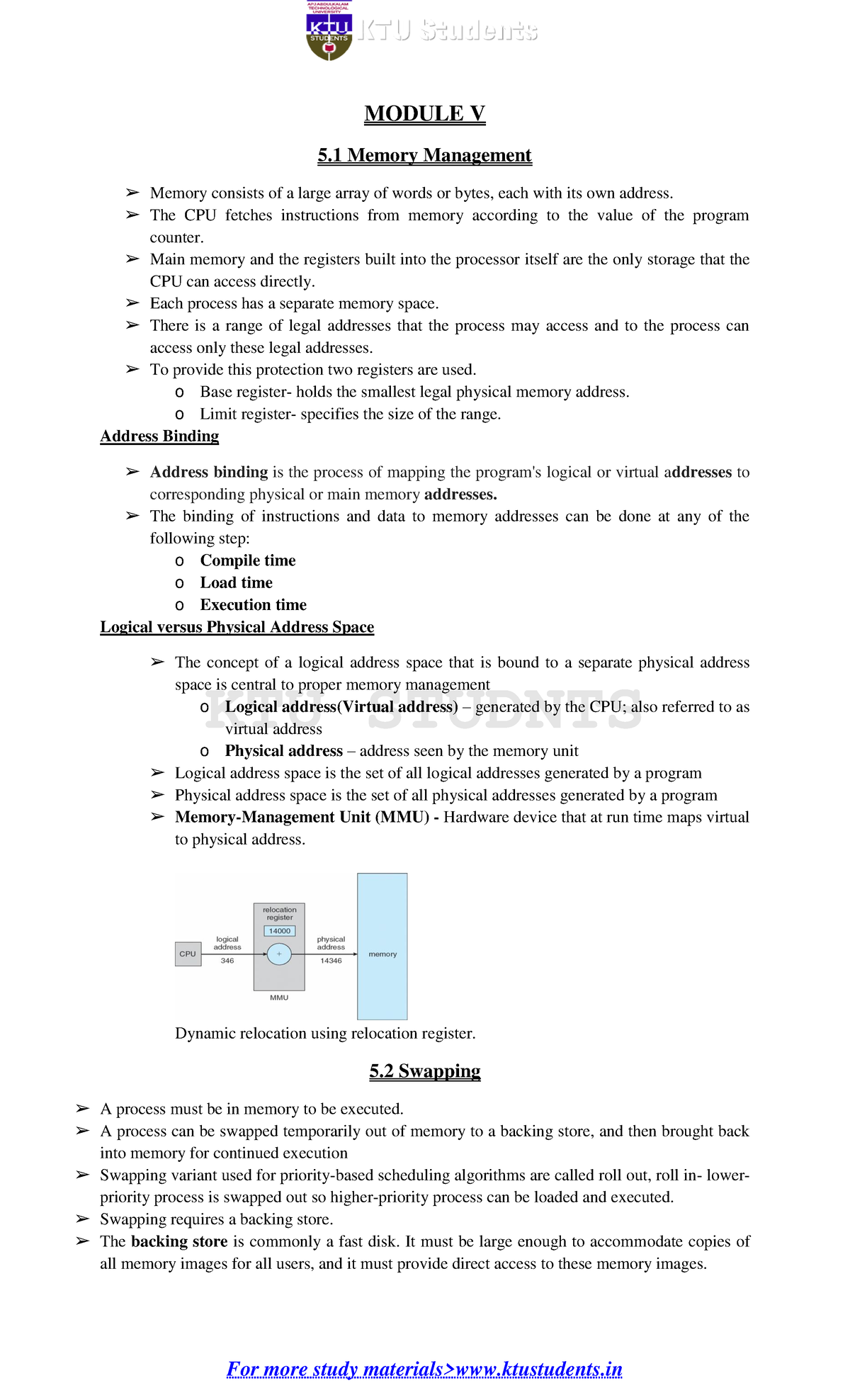 CS204-OS-module 5 - operating system - KTU STUDENTS MODULE V 5 Memory Management Memory consists ...