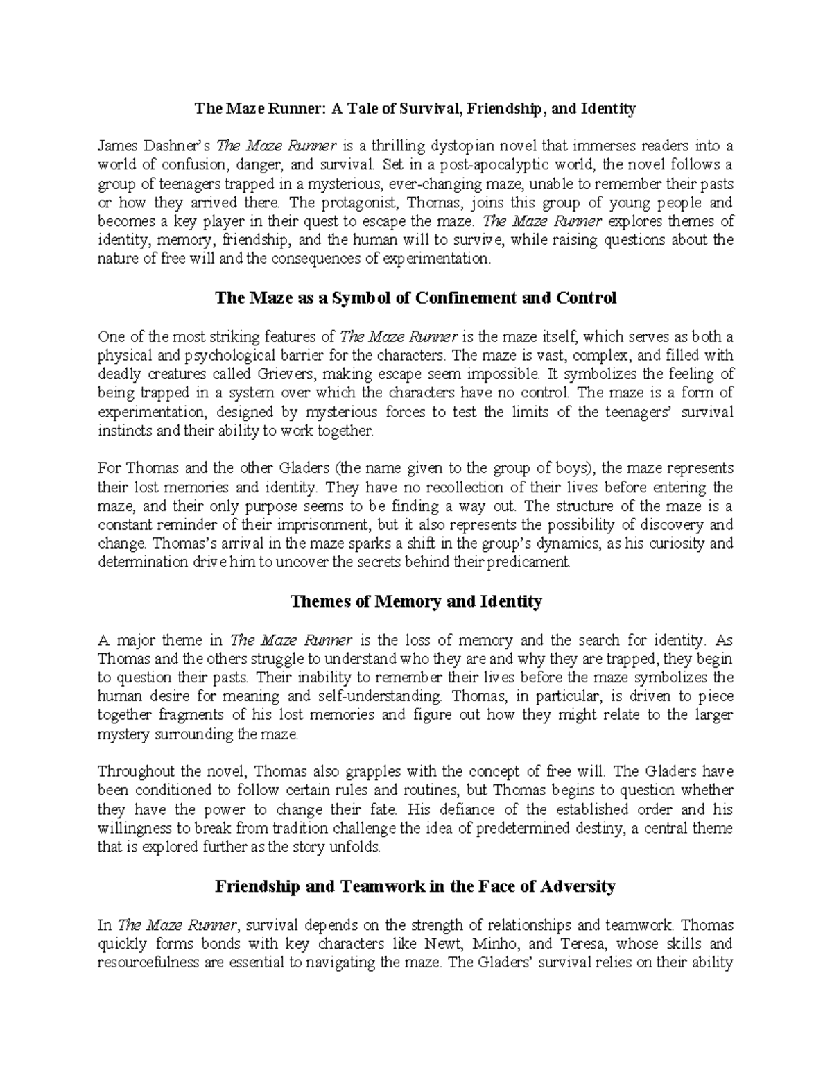 The Maze Runner - Essay Notes on Survival & Identity Themes - Studocu