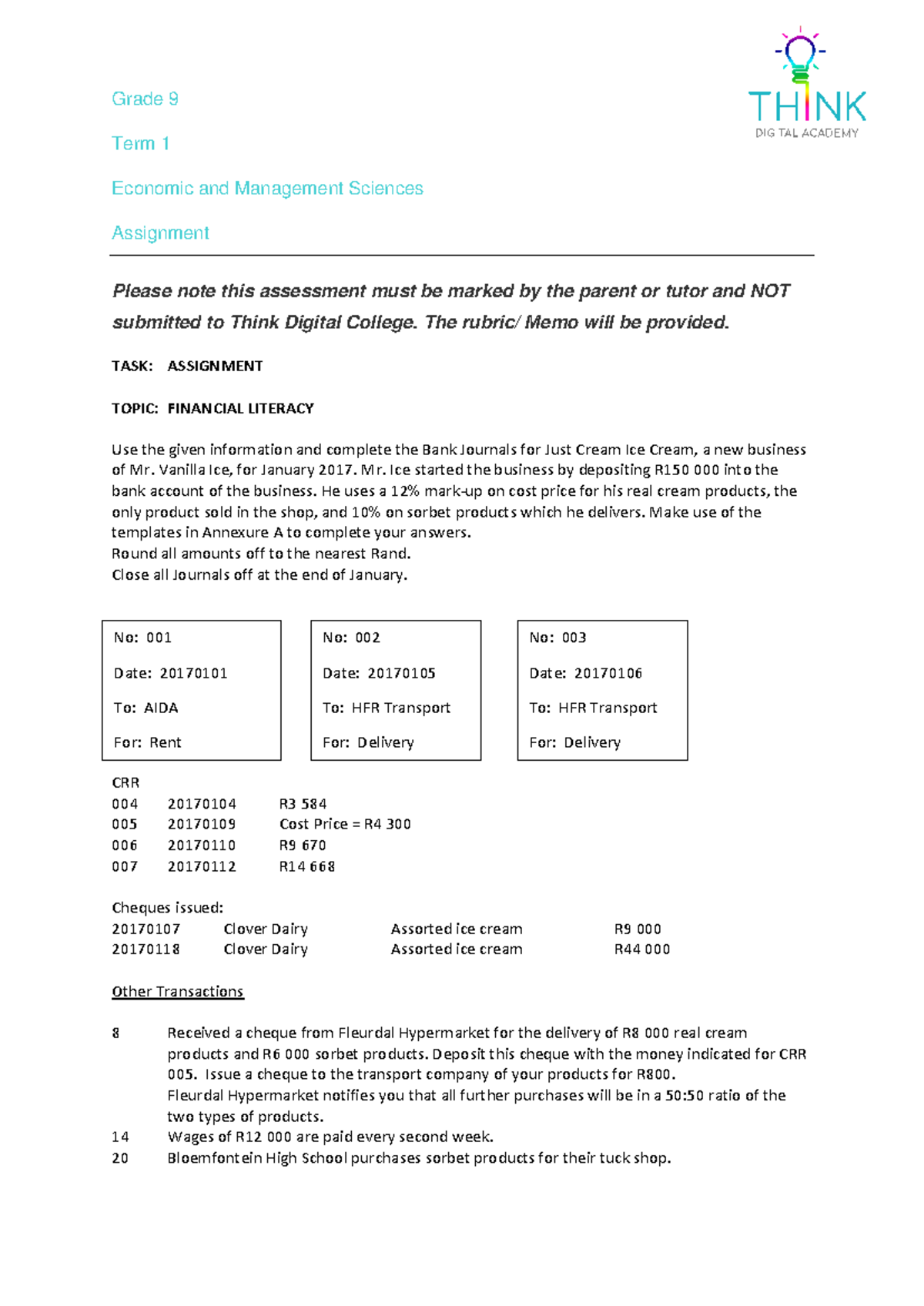 Grade 9 EMS Term 1 Assignment: Financial Literacy Bank Journals - Studocu