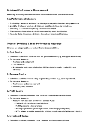 divisional performance measurement - Profitability ratios: derived from ...