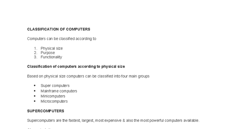 Classification of Computers: Types, Functions, and Examples - Studocu