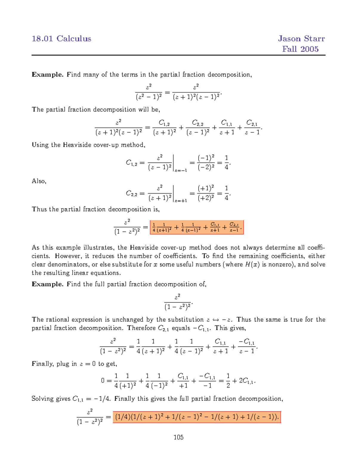 18.01 Calculus Final Exam Example: Partial Fraction Decomposition - Studocu