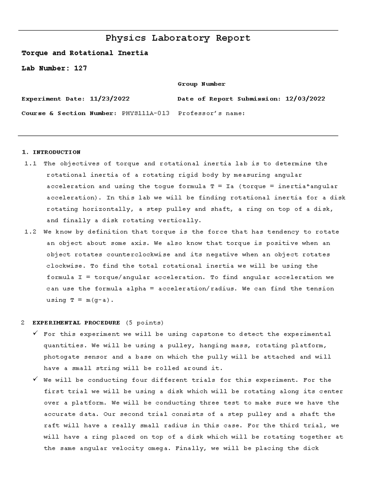 Lab 127 Torque and Rotational Inertia 111A - Physics Laboratory Report ...