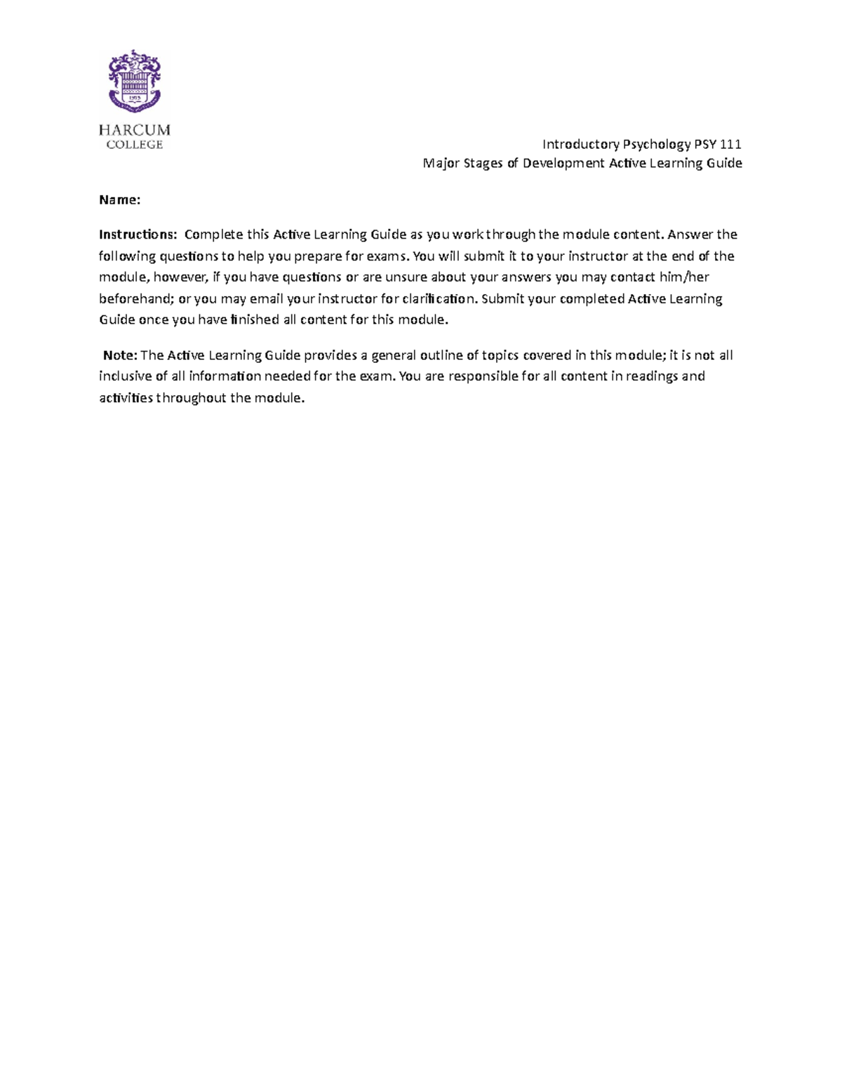Major Stages of Development Active Learning Guide - A Study Companion ...
