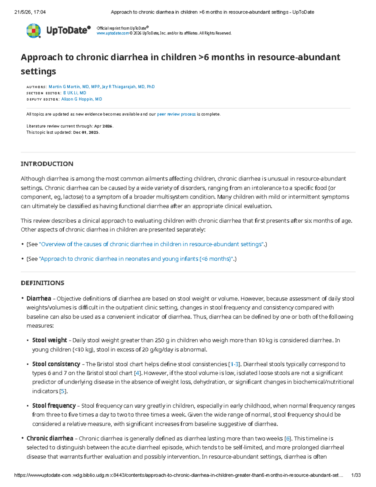 Approach to Chronic Diarrhea in Children (6 Months) - UpToDate - Studocu