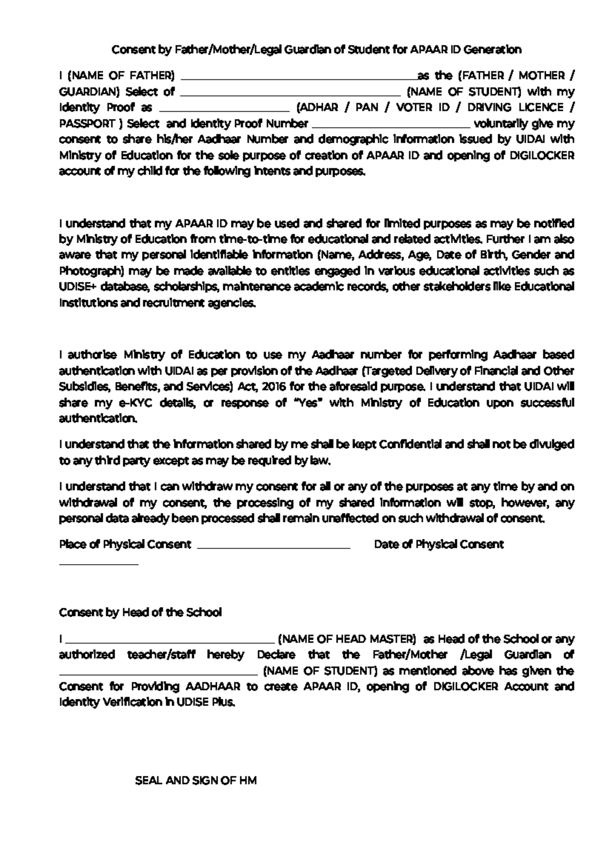 Consent - ... - Consent by Father/Mother/Legal Guardian of Student for ...