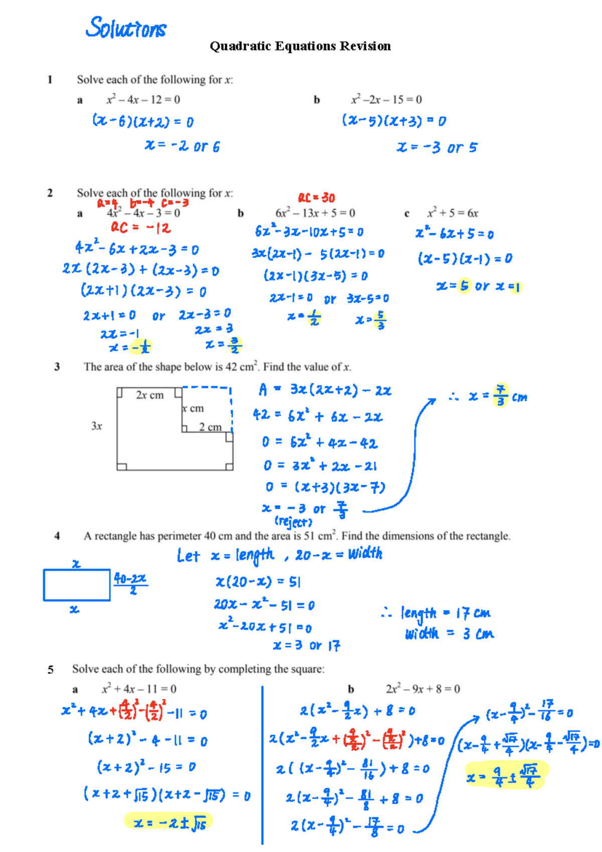 Quadratic Equations Revision 171: Solutions for 11MM - Studocu