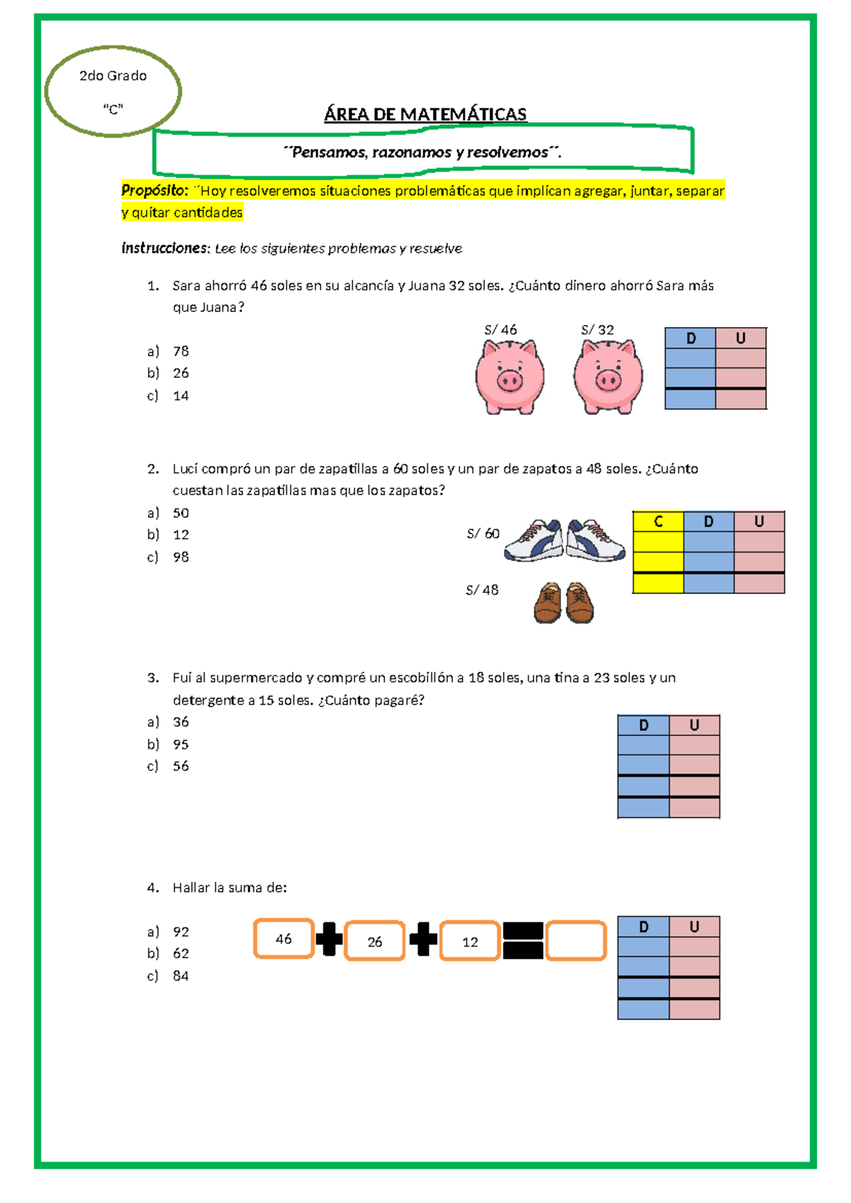 2do Grado Matemáticas: Resolución de Problemas de Adición y Sustracción ...