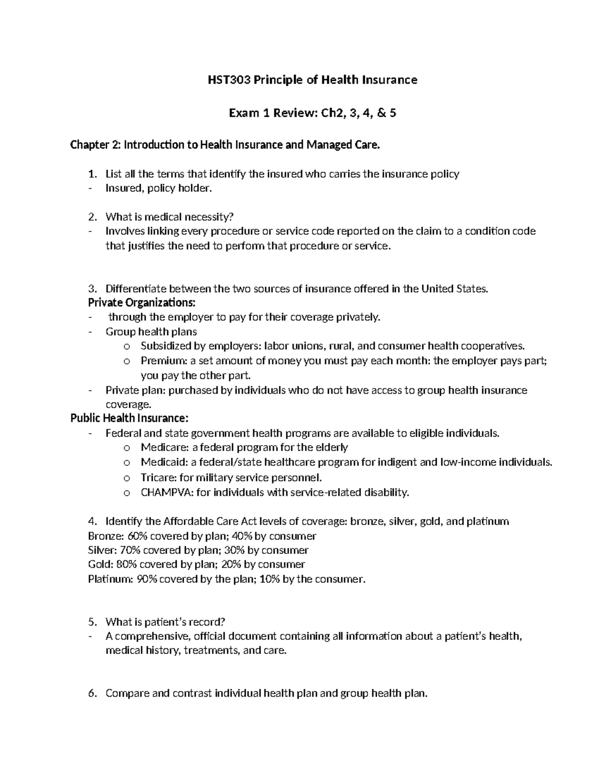 HST303 Exam 1 Review: Health Insurance Principles & Key Concepts - Studocu