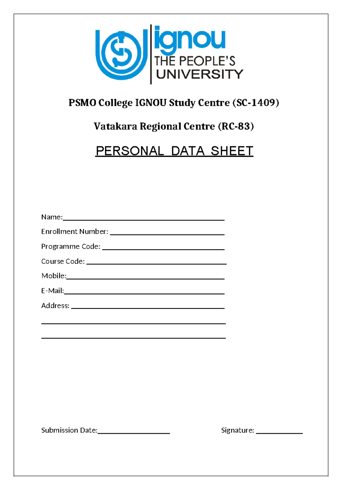 JDT Ignou Personal Data Sheet sample - B Com Accounting and Finance ...