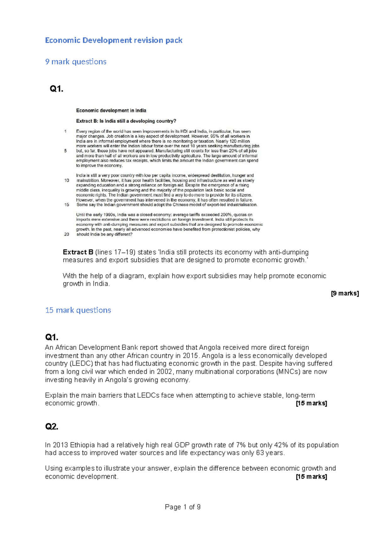 Economic Development Revision Pack: Key Questions & Answers (4.2.6.5 ...