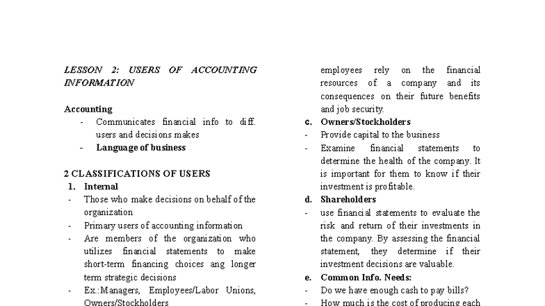 FAR FA LIB Notes: Lesson 2 - Users of Accounting Information - Studocu