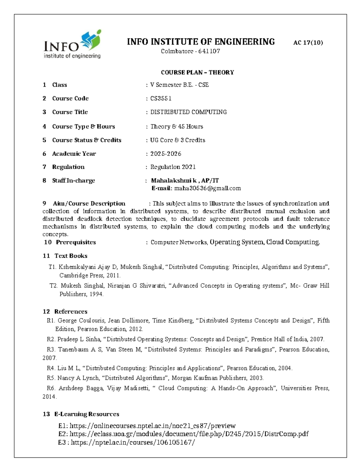 CS3551 Distributed Computing Course Plan - V Semester B.E. CSE - Studocu