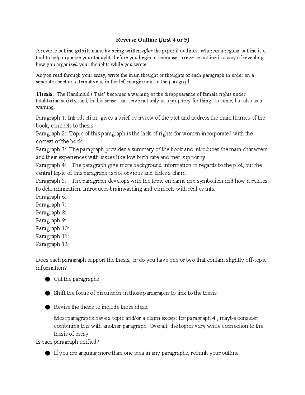 Reverse Outline for Essay on Female Rights in Totalitarian Society ...