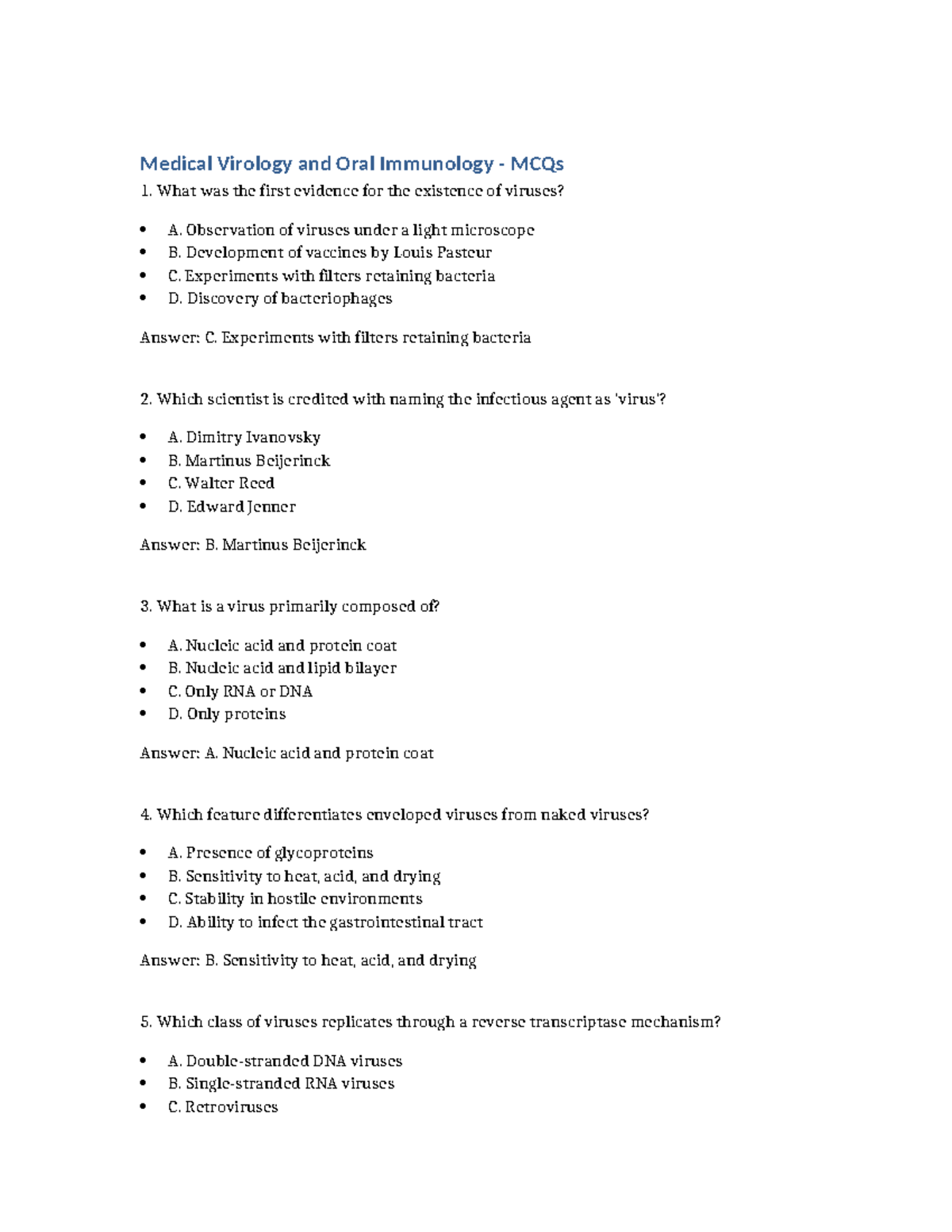 Medical Virology Oral Immunology MCQs - Medical Virology and Oral ...