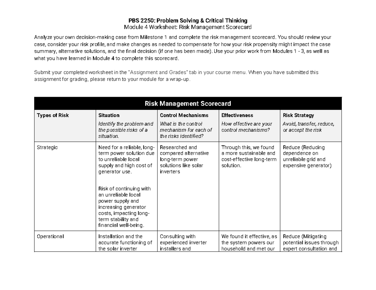 PBS 2250: Risk Management Scorecard Analysis for Milestone 1 Case Study ...