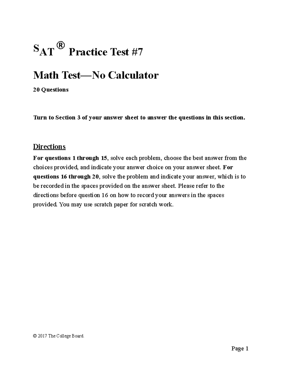 Sat practice test 7 math no calculator assistive technology - S AT ...