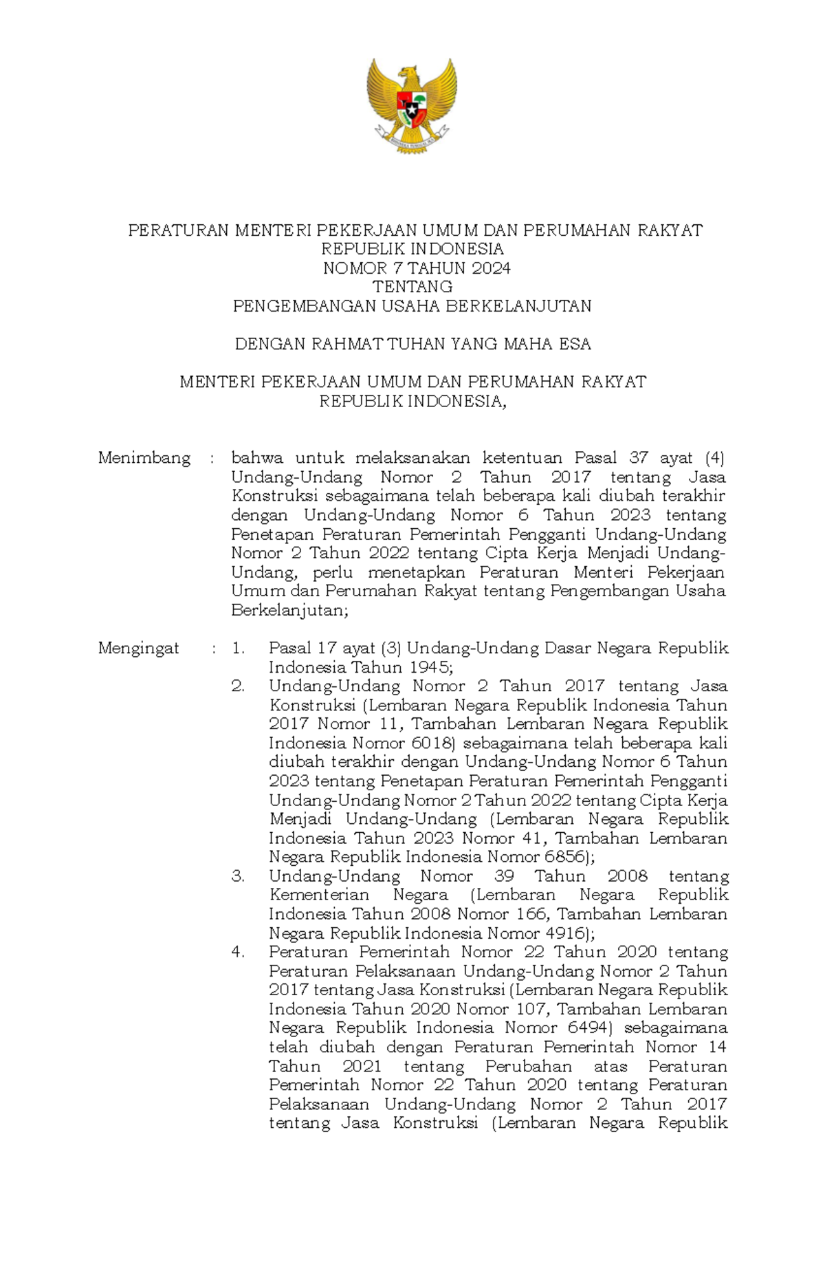 Peraturan Menteri PUPR No. 7 Tahun 2024 tentang Pengembangan Usaha ...