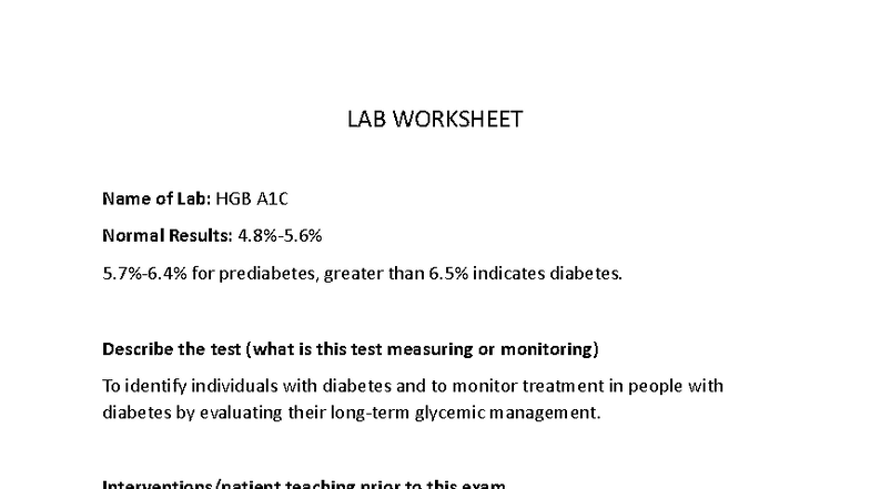 HGB A1C Lab Worksheet - Understanding Normal Results and Interventions ...