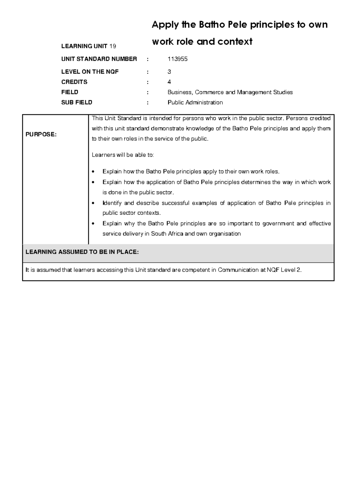 Applying Batho Pele Principles in Public Sector Work Roles: Unit 113955 ...