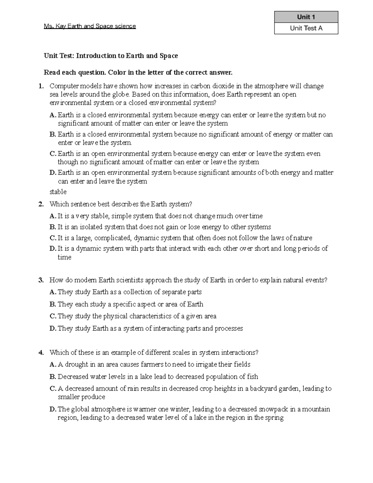 Unit 1 Test A - Earth & Space Science Concepts (Ms. Kay) - Studocu