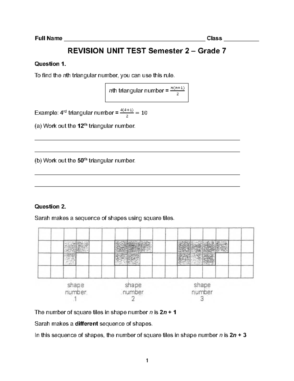 UT2 - Grade 7 Maths Revision Unit Test Practice Questions - Studocu